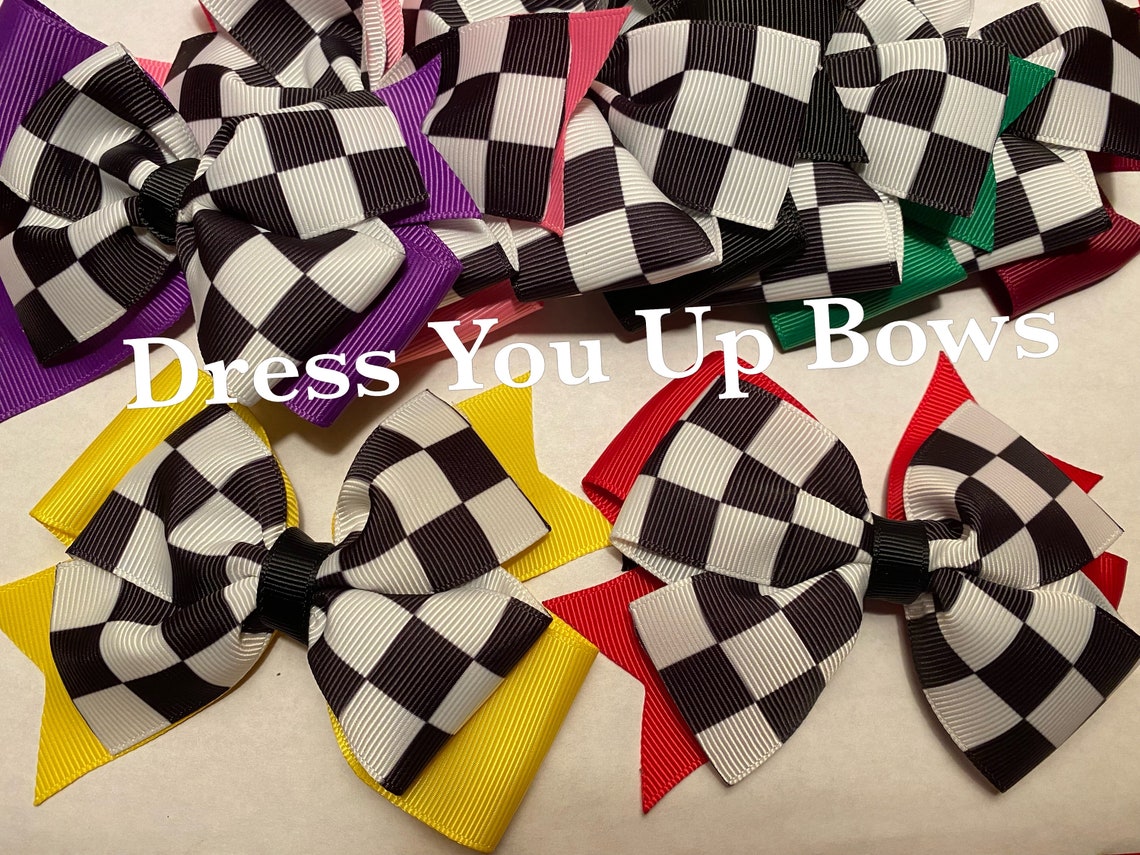 Choose Color 4" Racing Hair Bow Clip, 4" Stacked Racing Checkered Flag ...