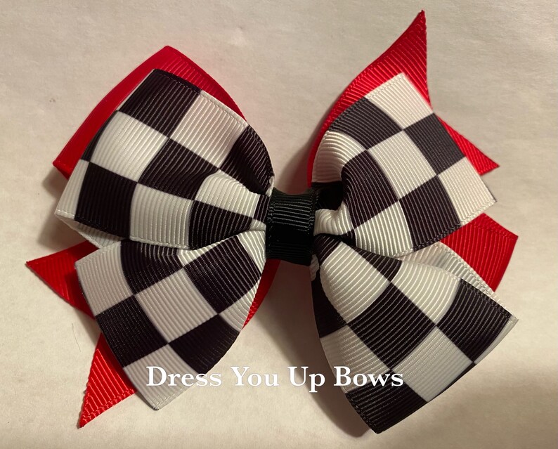 Choose Color 4" Racing Hair Bow Clip, 4" Stacked Racing Checkered Flag ...