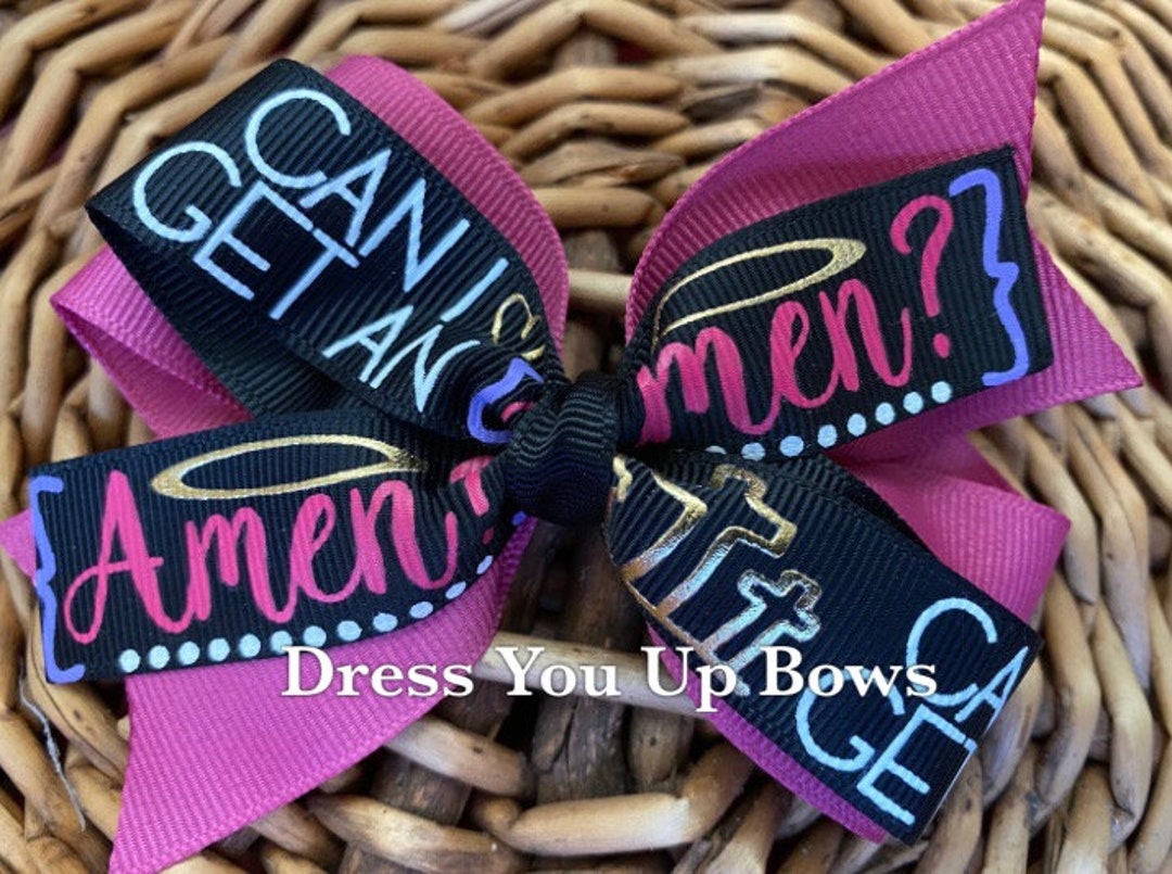 4" Religious Fushia Hair Bow Clip, Jesus Cross Amen Gold Foil Ribbon ...