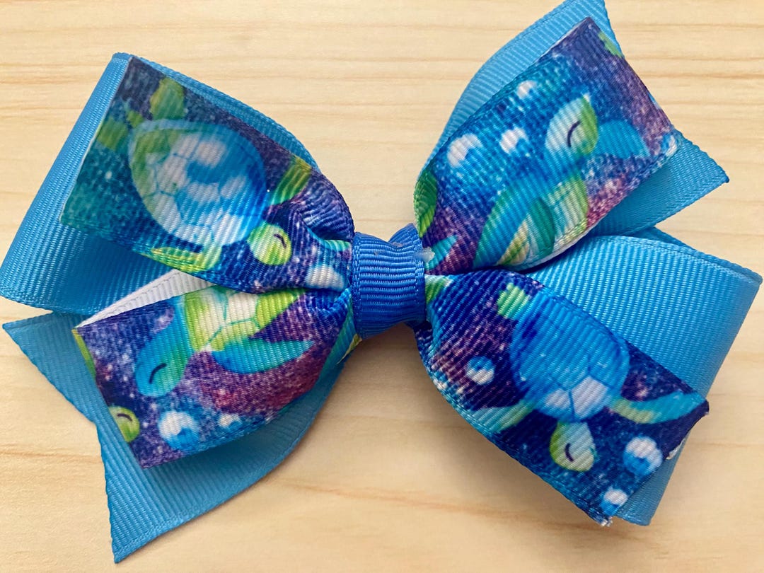 4” Sea Turtle Blue Galaxy Print Ribbon Pinwheel Hair Bow Clip, Turtle ...