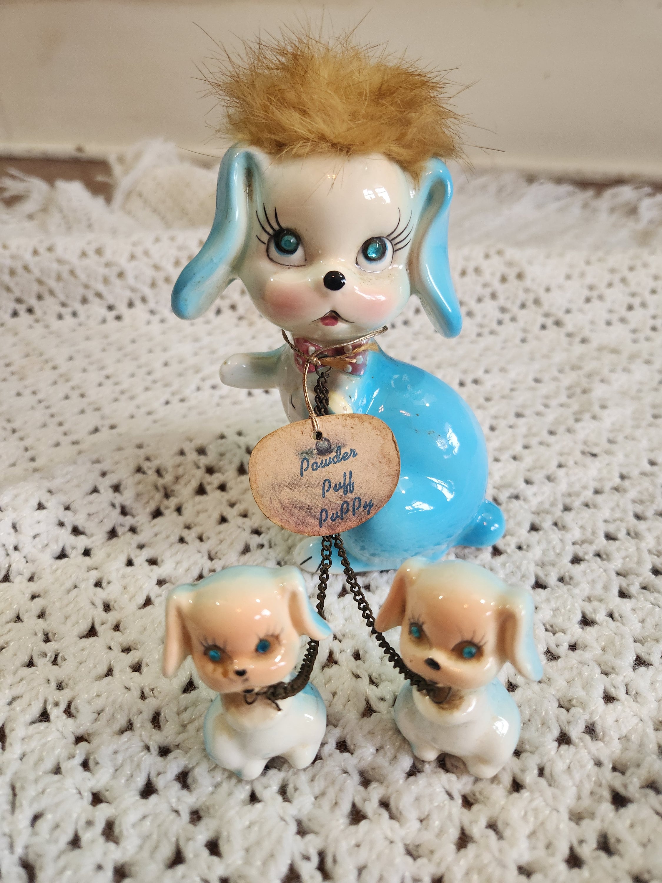 Kreiss & Co Blue Powder Puff Pups Chain Family / Kitsch Mom Pup Fuzzy ...