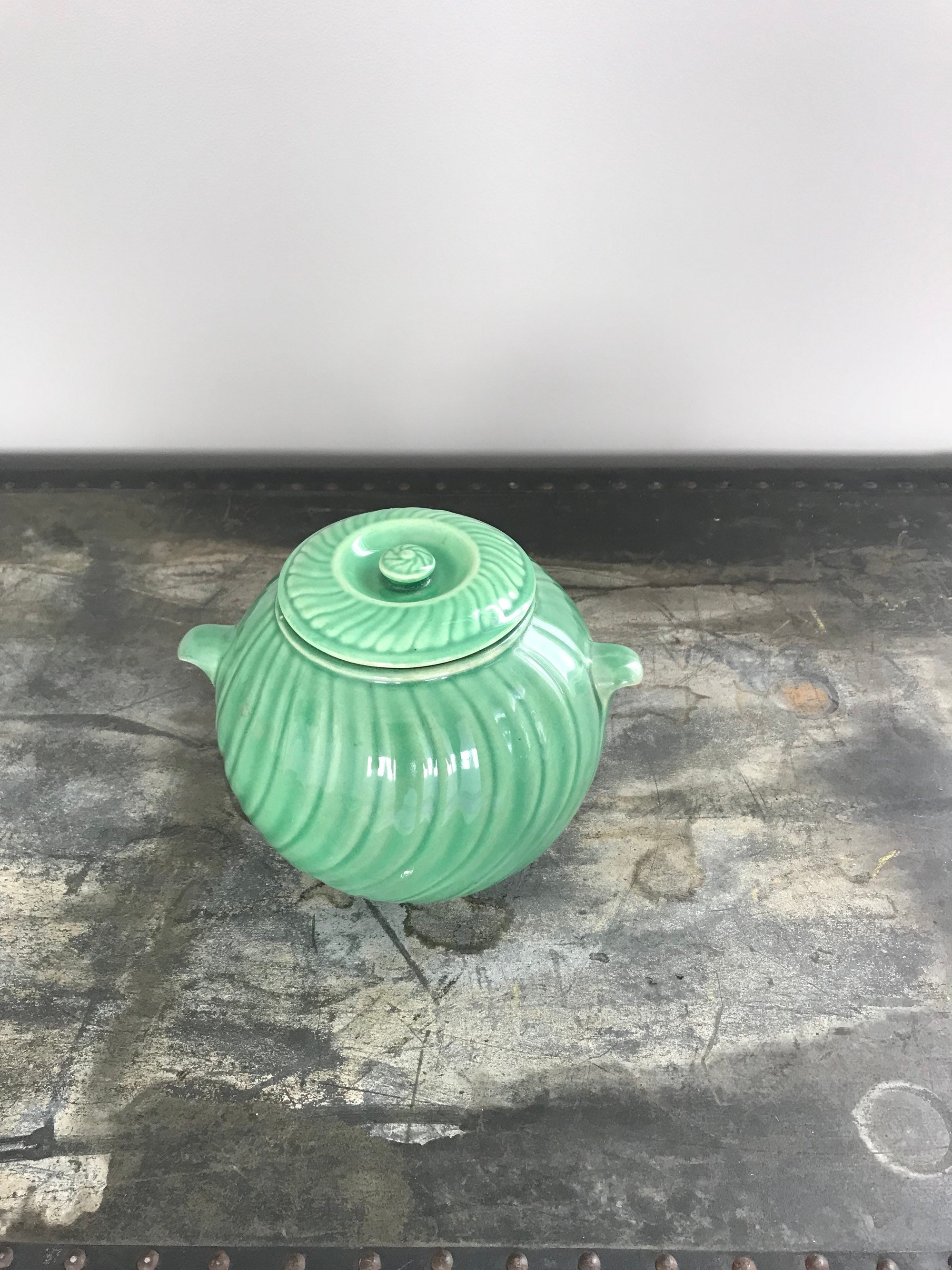 Vintage Green Glazed Round Covered Pot Bean Pot - Etsy