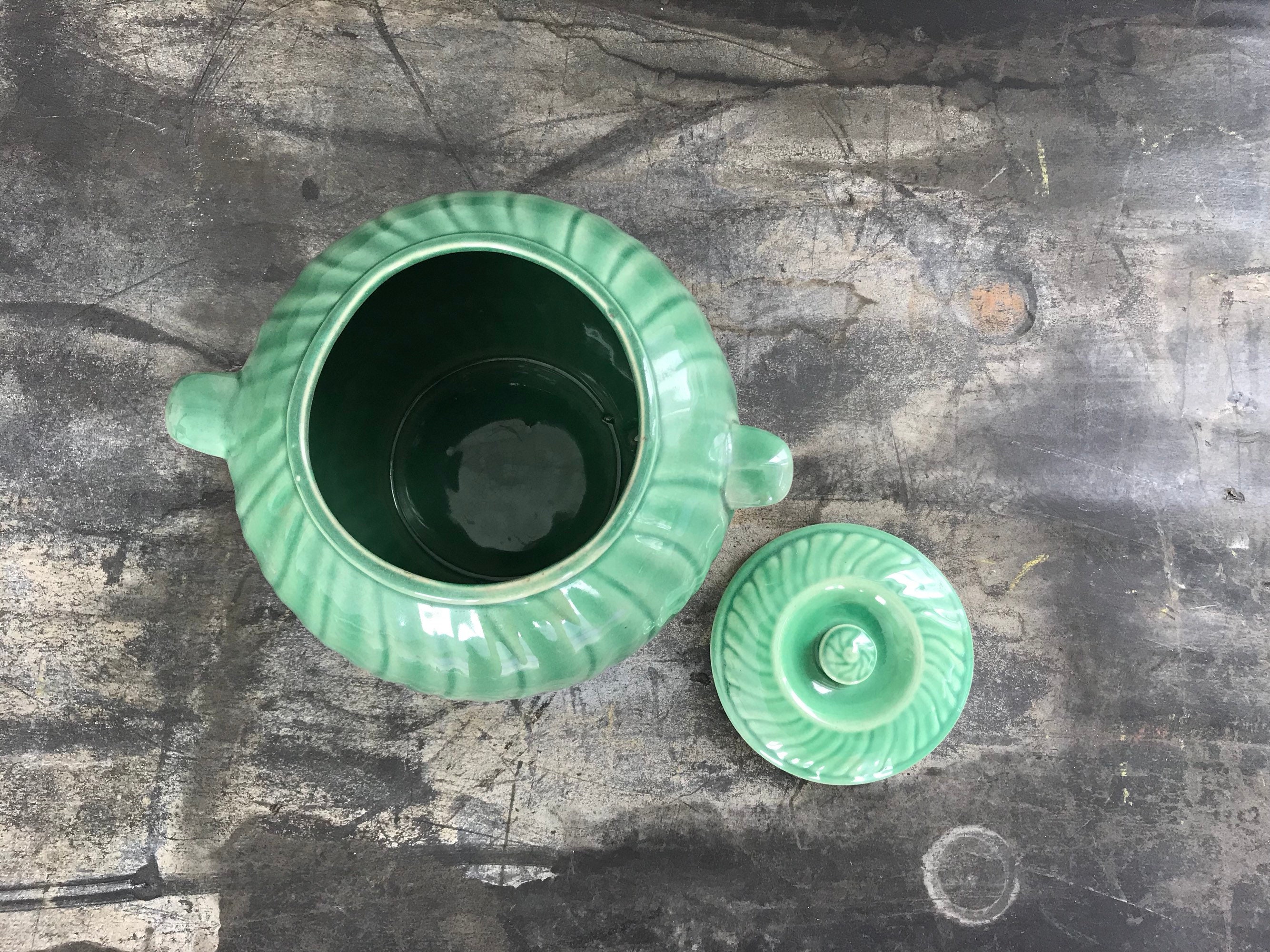 Vintage Green Glazed Round Covered Pot Bean Pot - Etsy