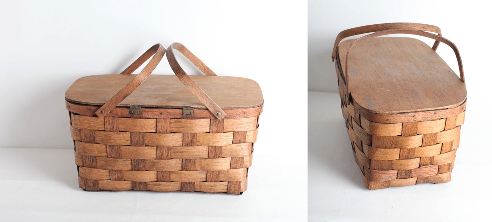 Vintage Brown Woven Picnic Basket Flip Top Basket | Etsy