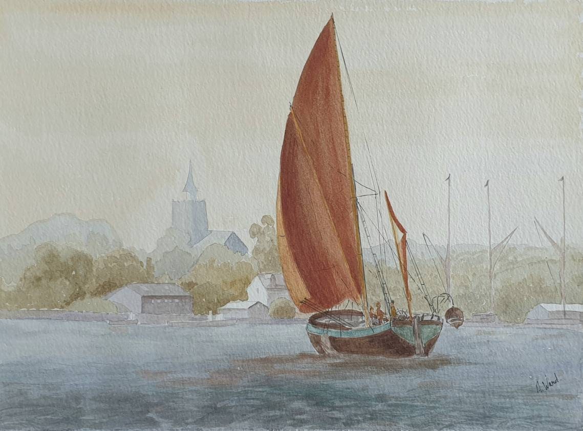 Thames Barge Under Sail on an Essex Estuary, England, Original ...