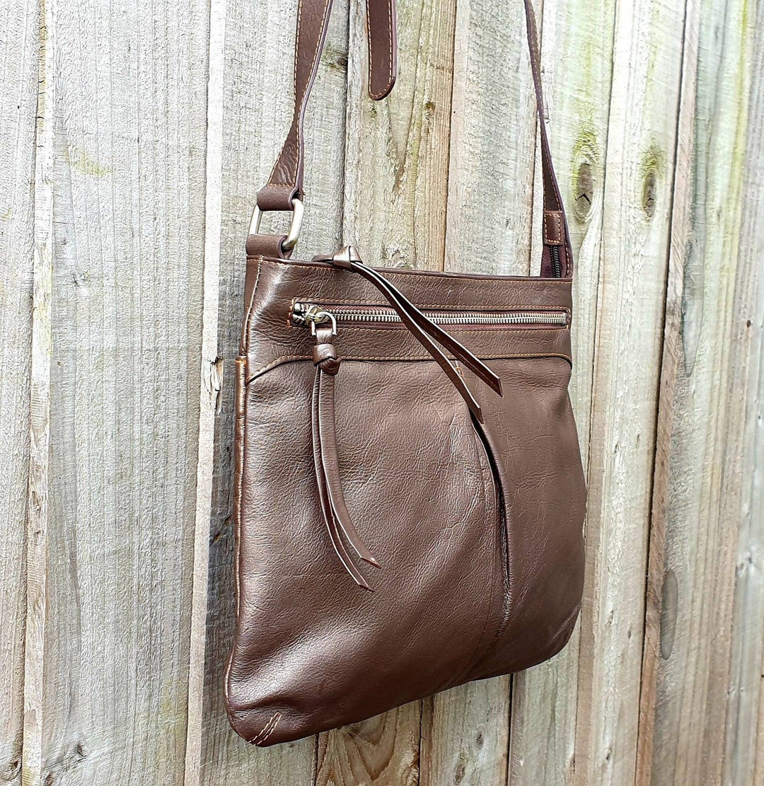Brown Leather Cross Body Messenger Bag, Bronze Metallic Sheen Shoulder ...