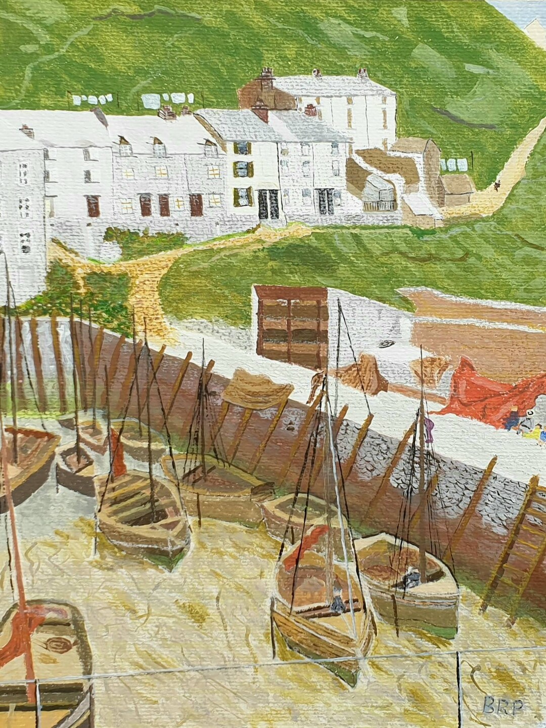 Cornish Village Harbour With Boats Original Acrylic Painting, Vintage ...