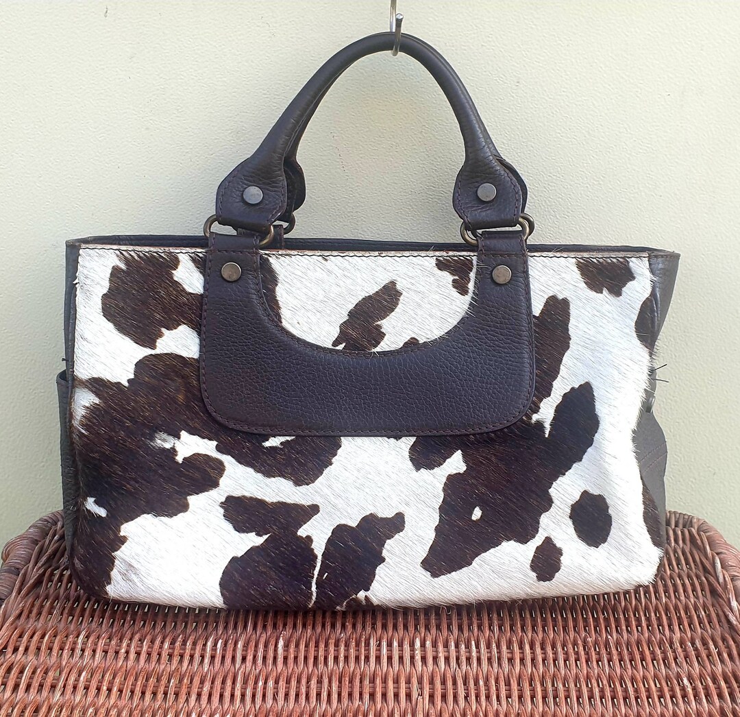 Jaeger Vintage Brown Leather and Animal Print Fur Tote Bag, Top Handle ...