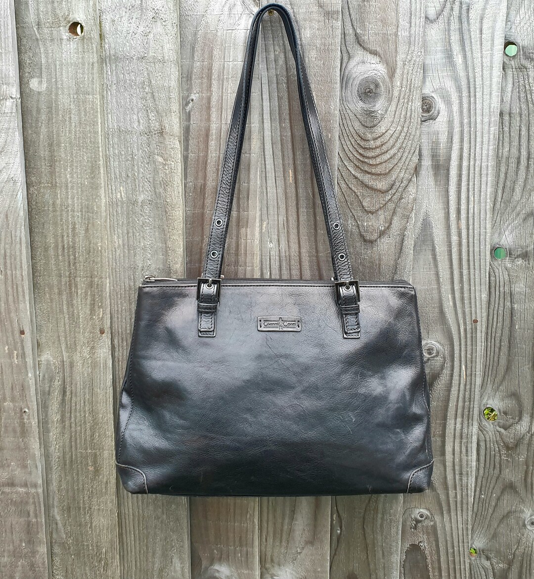 Black Leather Gianni Conti Tote Shoulder Bag, Smooth Black Leather Work ...