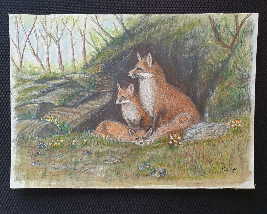 Foxes in A Den, Vixen With Cubs Original Watercolour With Colour Pencil ...