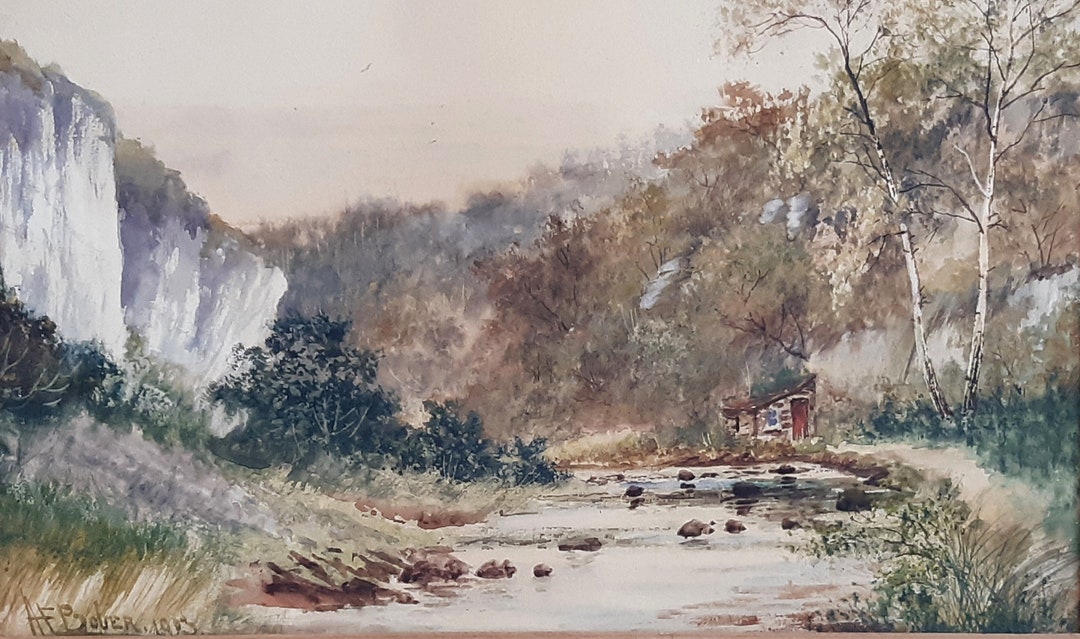Victorian Landscape Painting, Original English Watercolour River and ...