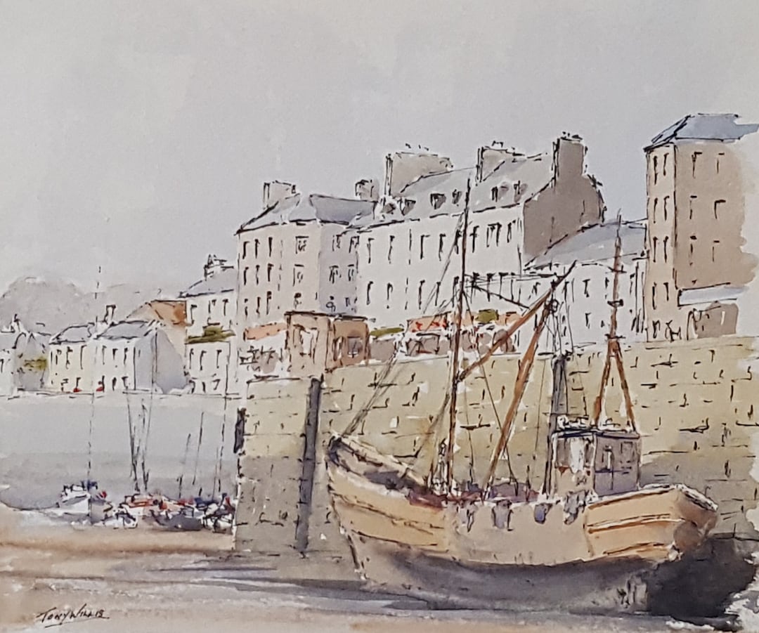 English Watercolour, Boats Moored in Harbour Titled 'harbour Wall ...
