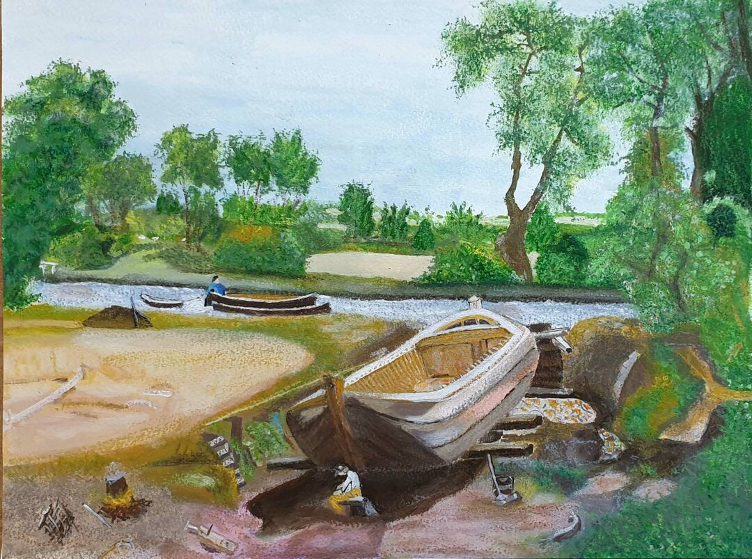 British Canal Barge Repair Boatyard Acrylic and Oil Original Painting ...