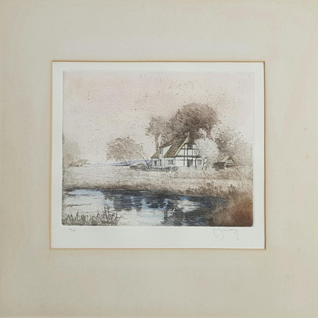 Original Hand Coloured Etching, English Farmhouse Landscape, British ...
