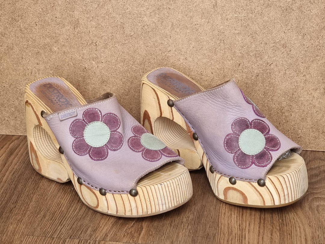 Vintage Destroy Cut Out Platform Clog Sandals, Purple Leather Flower ...