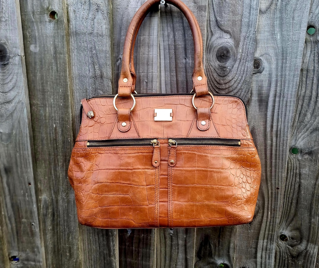 Modalu Brown Croc Print Leather Pippa Bag, Top Handle Satchel Purse ...