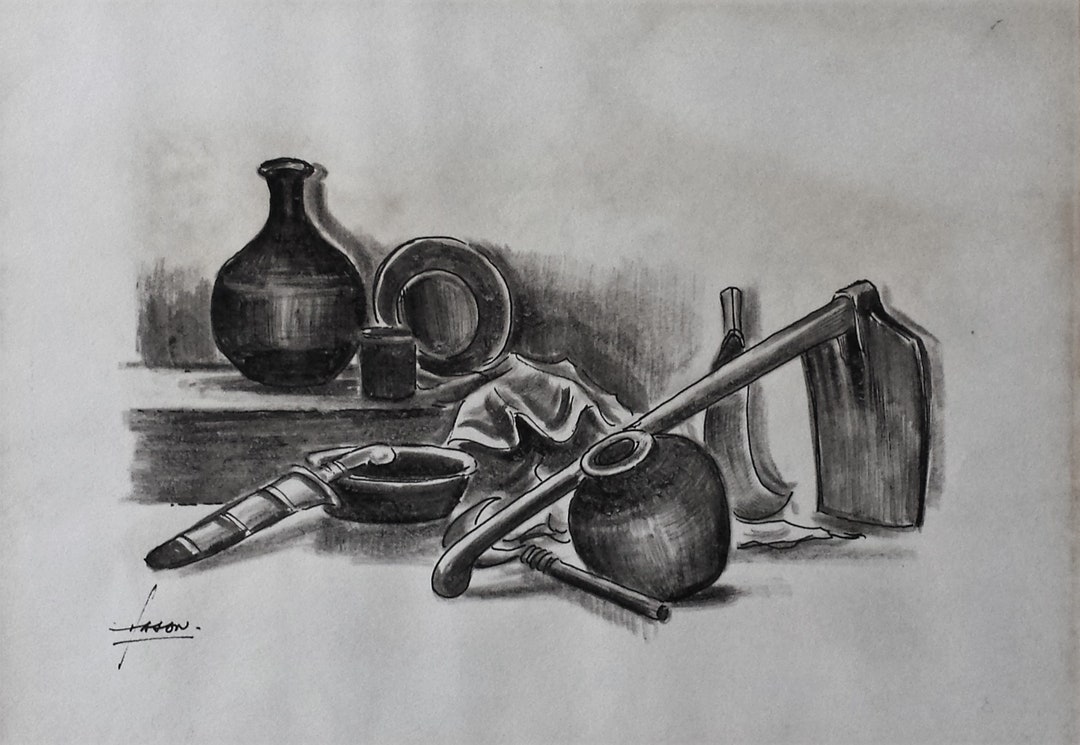 Indonesian Still Life Pen and Ink Original Drawing of Work Implements ...
