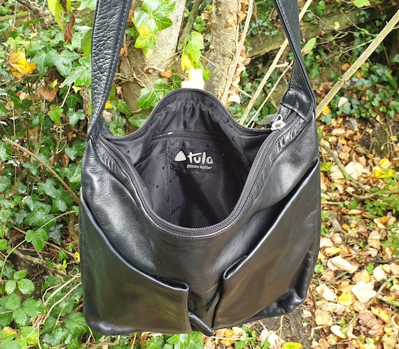 Tula black leather hobo tote bag, vintage Tula soft b… - Gem