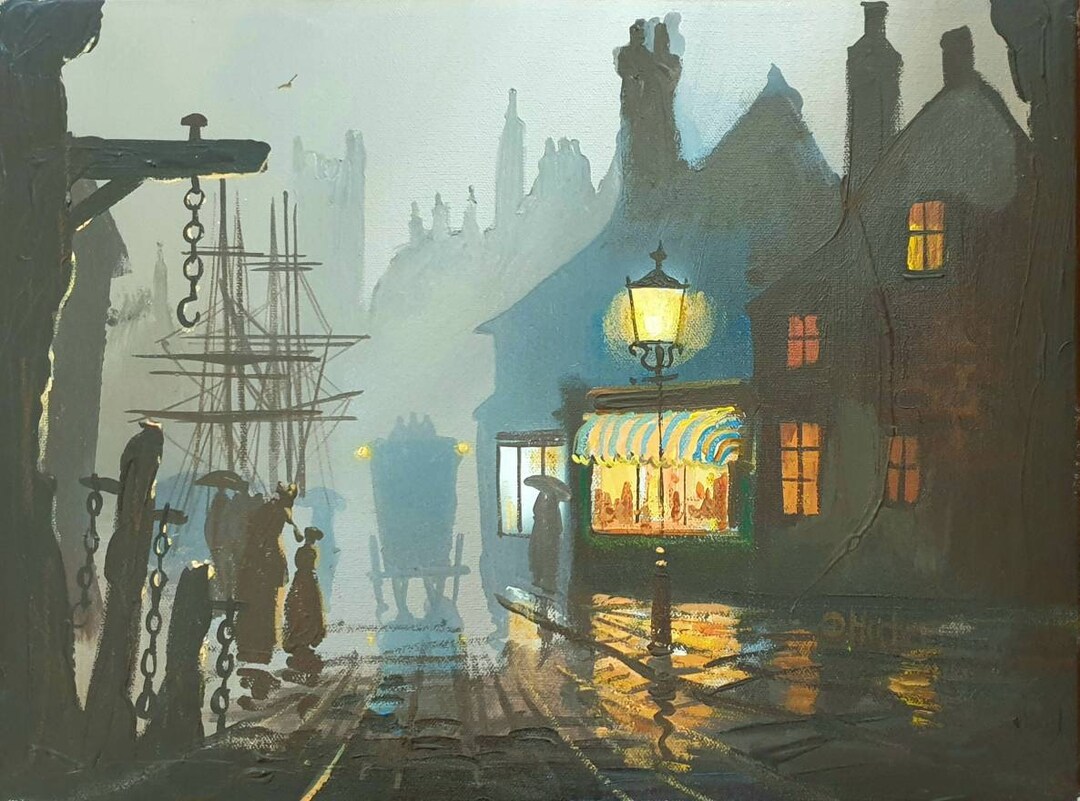 Victorian English Port Evening Street Scene With Shops by Cornish ...