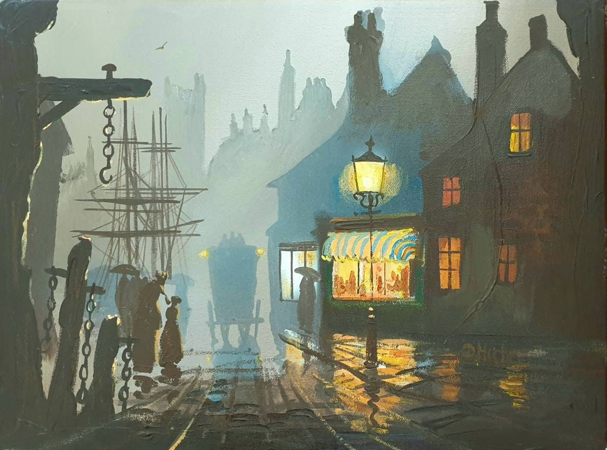 Victorian English Port Evening Street Scene With Shops by Cornish ...