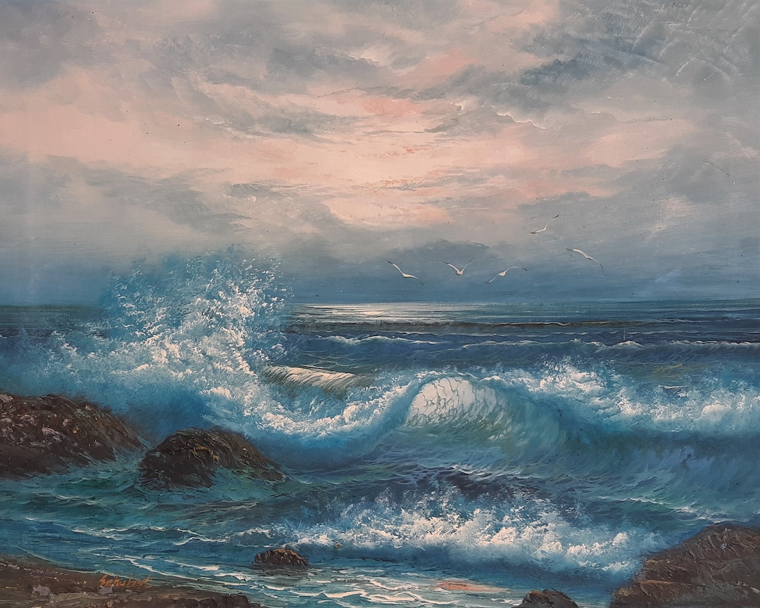 Georg Schubert 1914-2007 Moonlit Seashore, Breaking Waves Original Oil ...