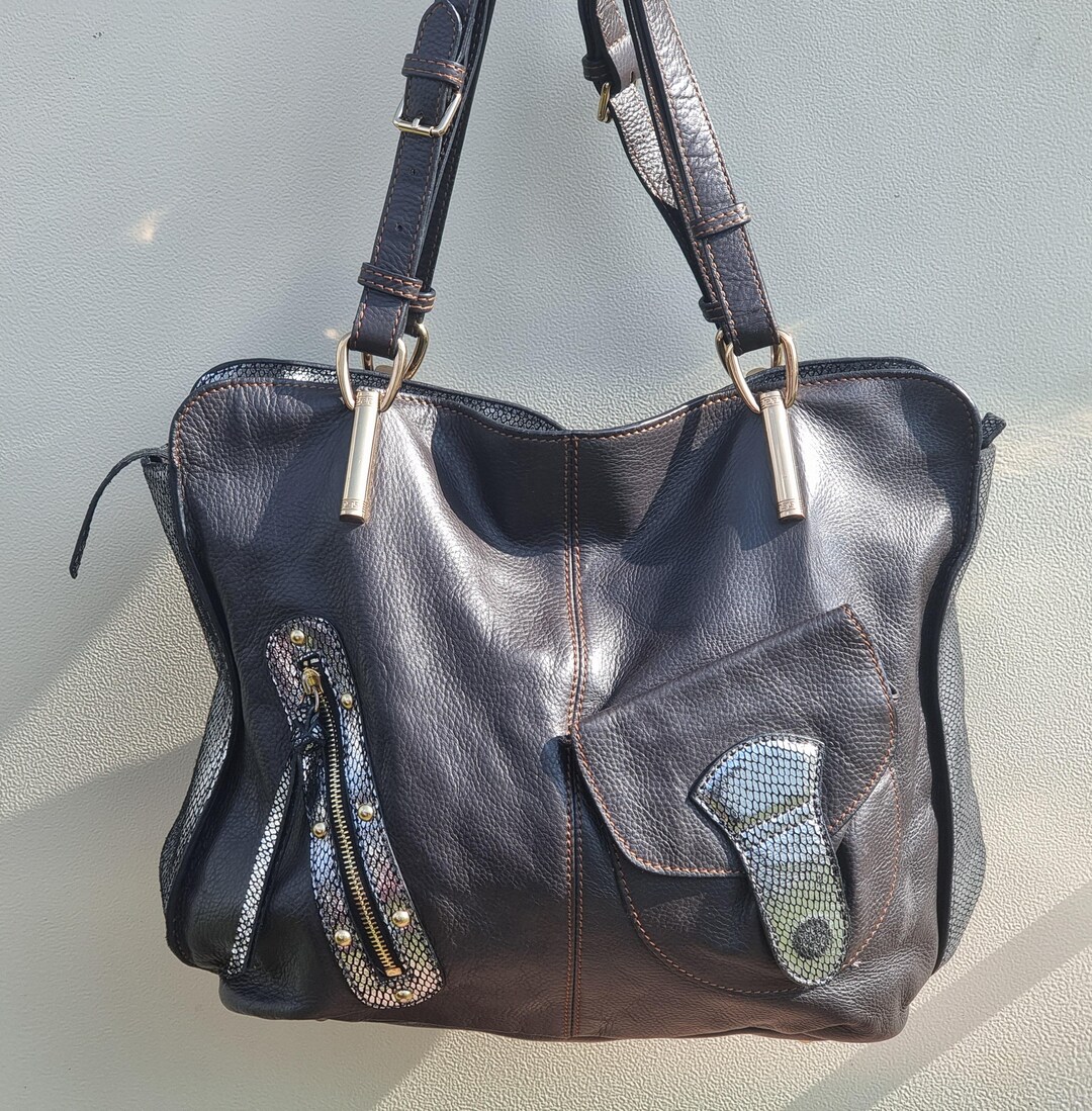 Dark Brown Leather Hobo Bag: Snakeskin Metallic Silver Details, Laptop ...