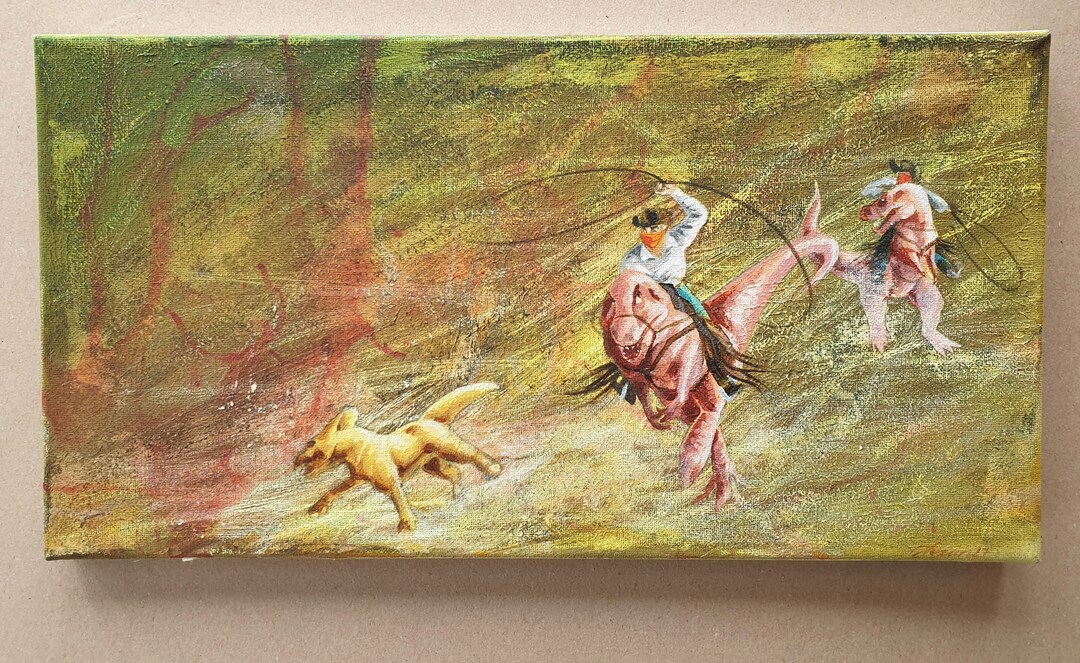 Fantasy Art, Velociraptor Dinosaur Riding Lasso Rustlers Original ...