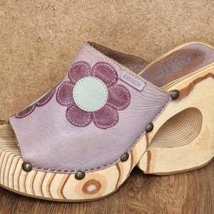 Vintage Destroy Cut Out Platform Clog Sandals, Purple Leather Flower ...