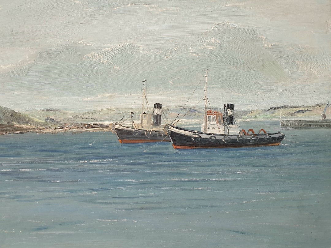 Steam Tugboats in an English Estuary, 1962 Original Oil Painting by ...