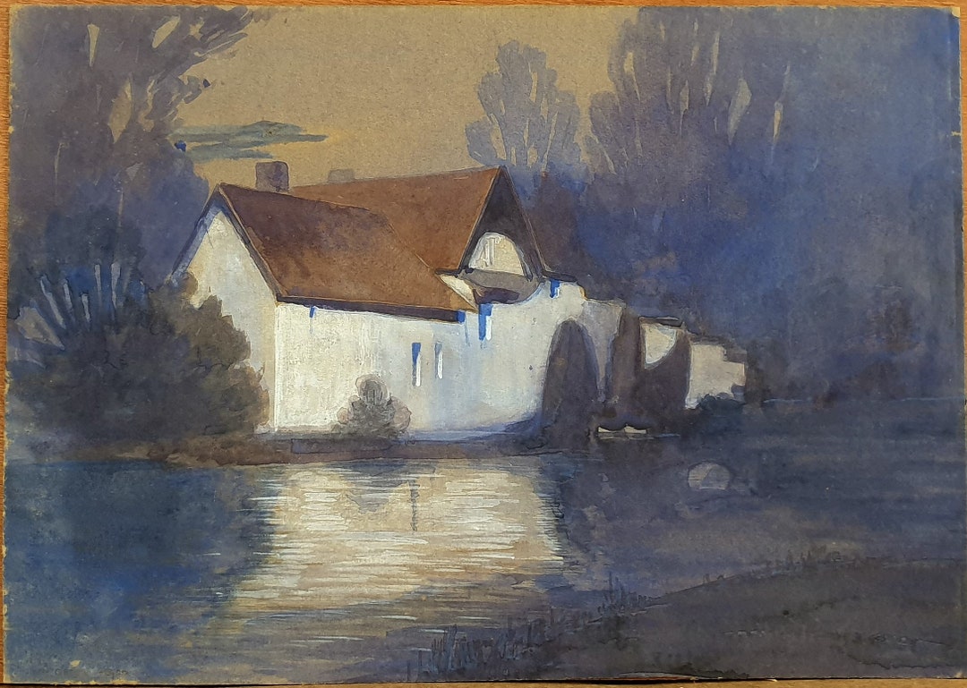 English Riverside Cottage Landscape by ARCA Artist W. Green ...