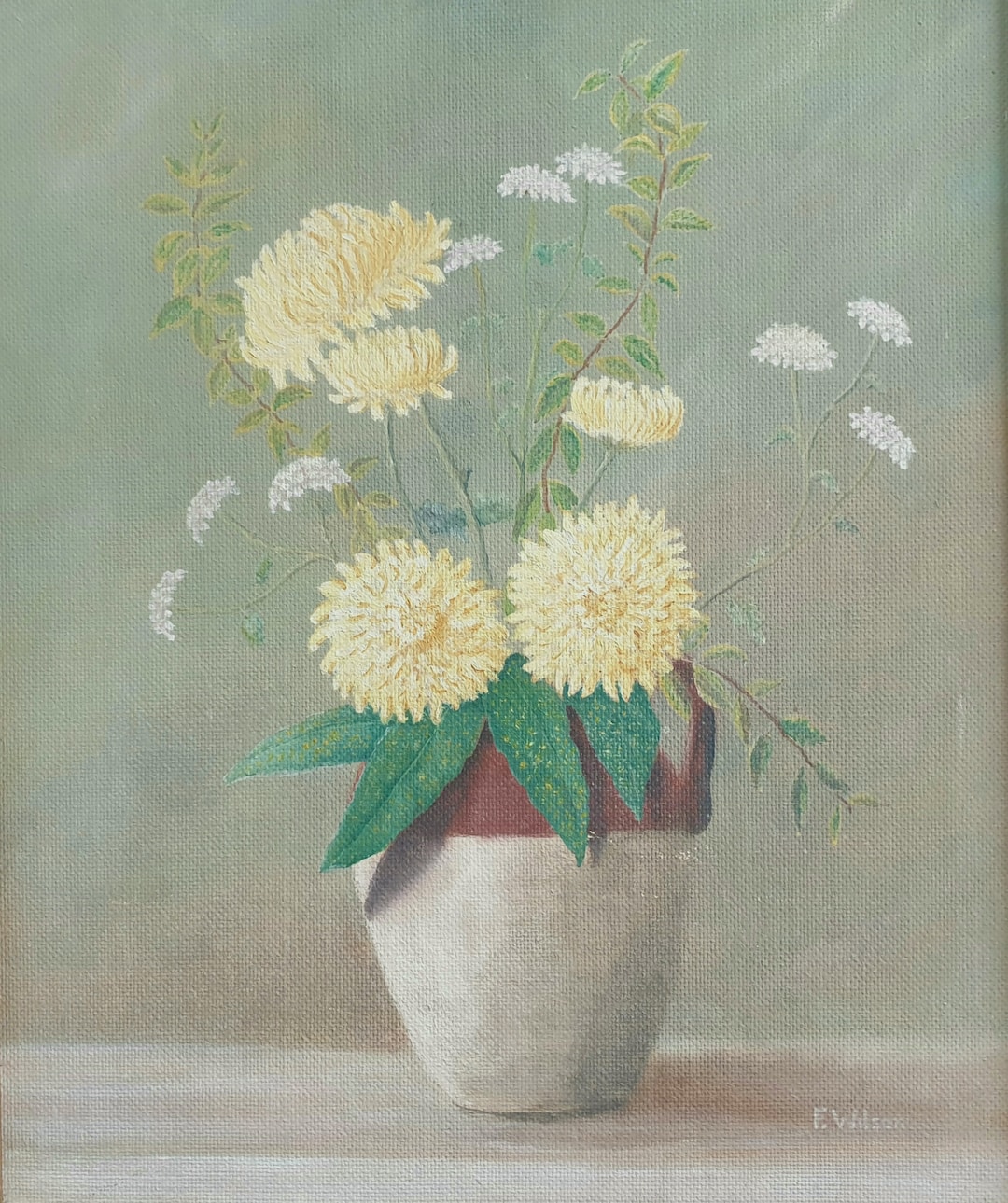 Chrysanthemums Floral Still Life and Flowerpot Original Oil Painting ...