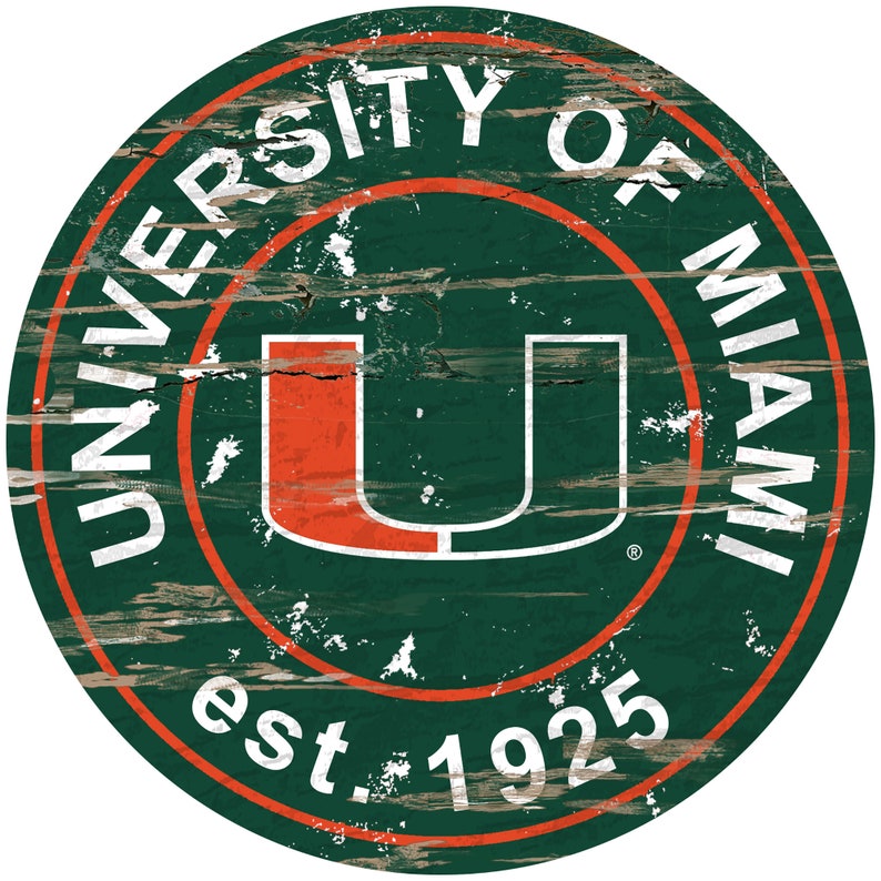 NCAA University of Miami Round Distressed Established Wood Sign 24 ...