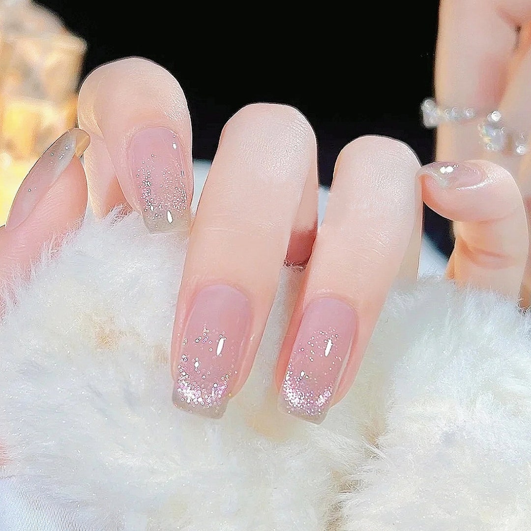 Handmade Light Champagne Pink Cat Eye Aurora Press on Nails Cat Eye ...