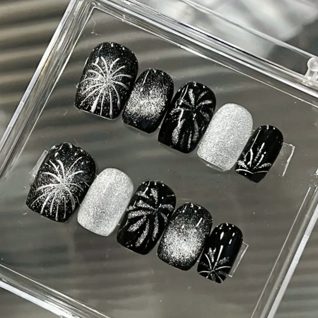 Handmade Sliver Fireworks Cat Eye Black Press on Nails Fireworks Nails ...