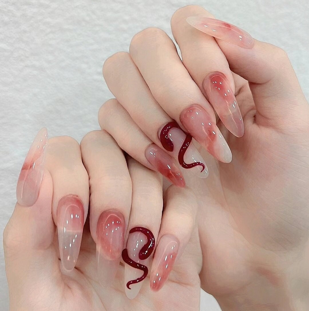 Handmade Red Snake Red Marble Ombre Halloween Press on Nails Snake ...