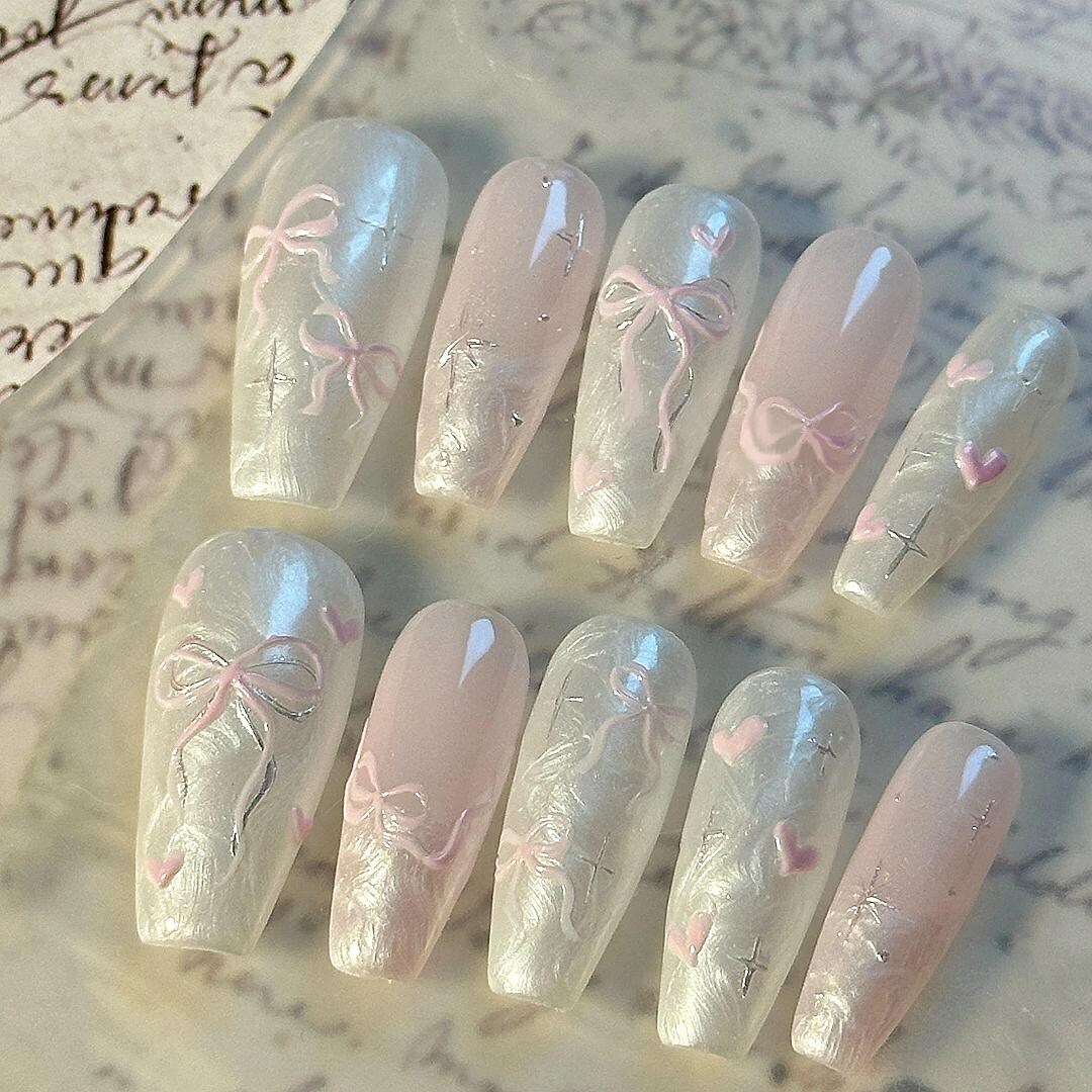 Handmade Pearl White Marble Glitter Hand Painted Pink Bow Press on ...