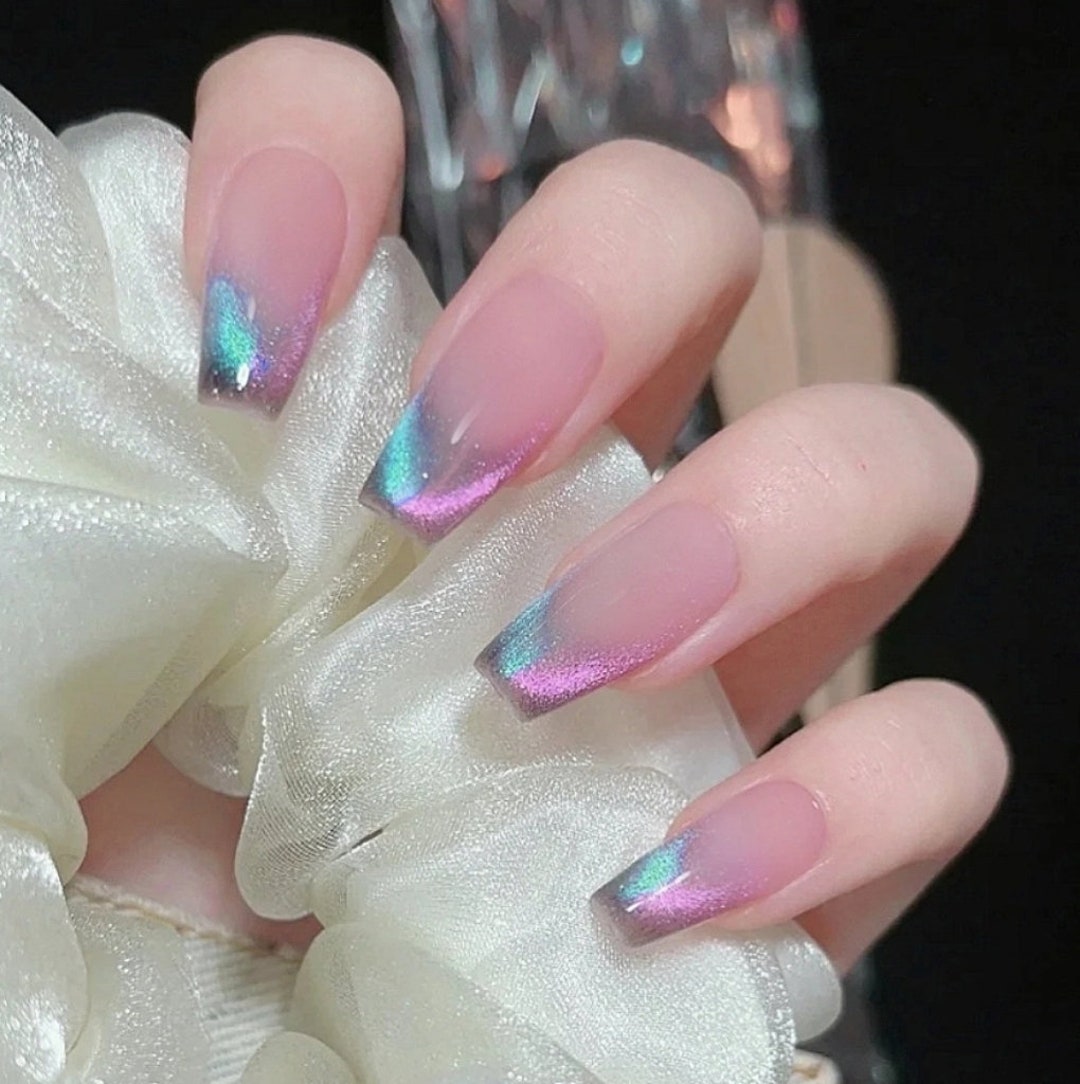 Handmade Galaxy Pink Cyan Double Cat Eye Aurora Fireworks Press on ...