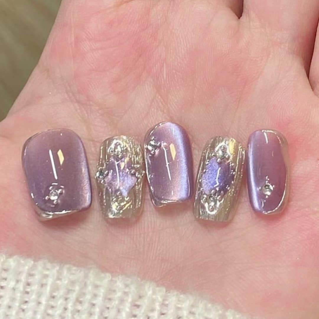 Handmade Metallic Purple Crystal Cat Eye Glitter Press on Nails Metallic Nails Cat Eye Nails ...