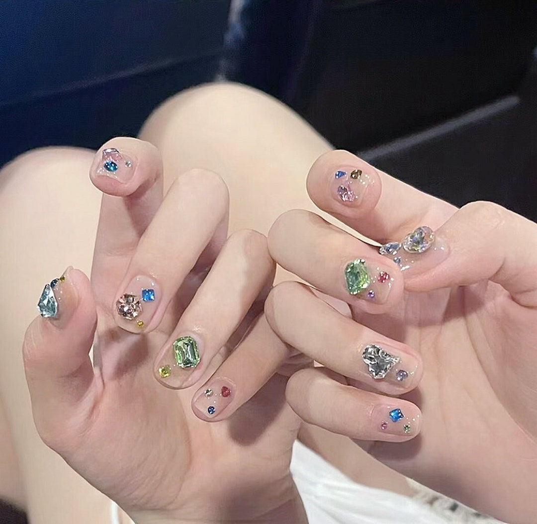 Handmade Treasure Box Colorful Blue Green Rhinestone Glitter Press on ...