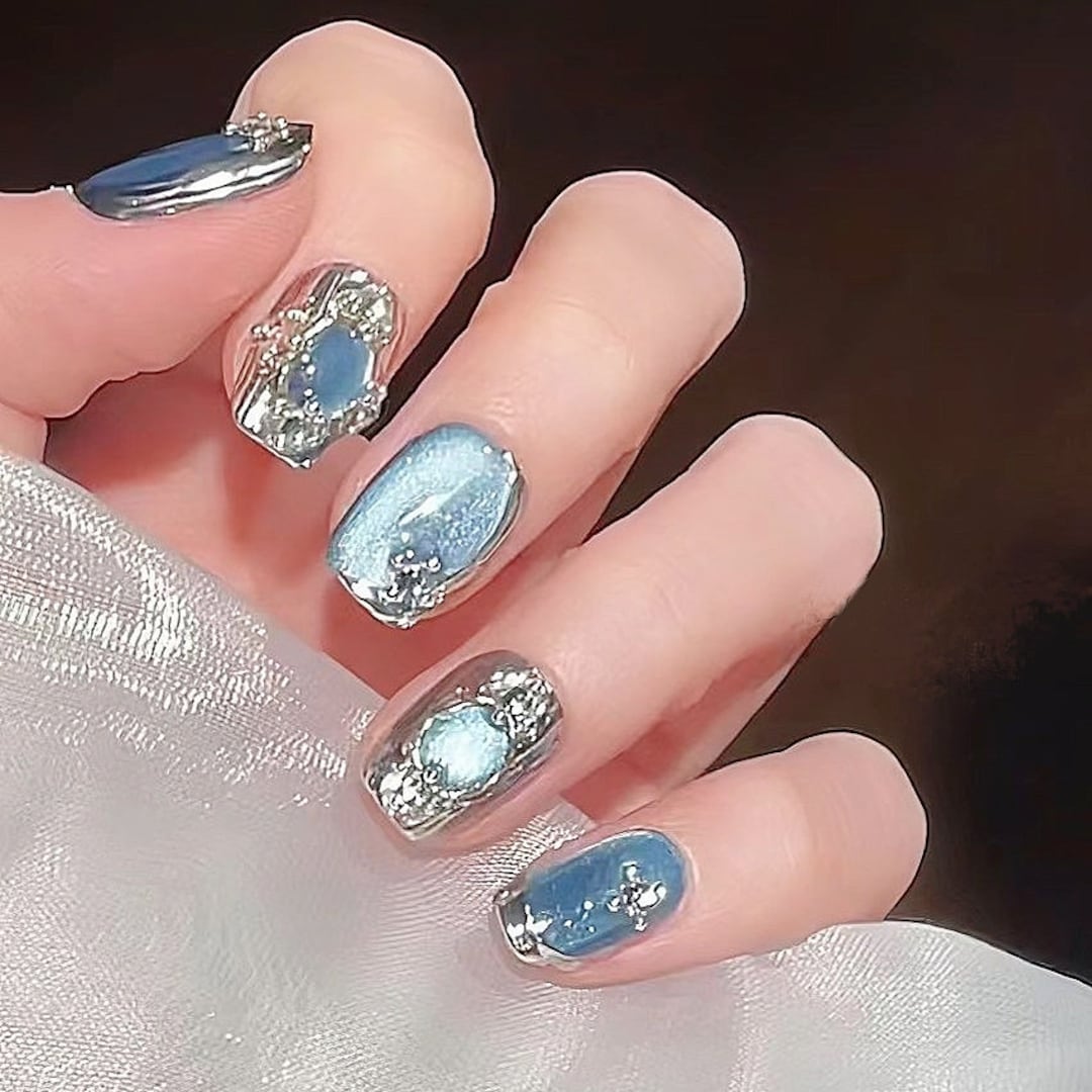 Handmade Metallic Blue Crystal Cat Eye Glitter Press on Nails Metallic ...