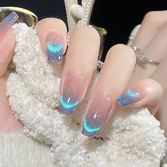 Handmade Sea Blue Cat Eye Aurora Ombre Press On Nails Ombre Nails Blue Nails Aurora Nails Cat Eye Nails Cat Eye Nails Reusable Acrylic Nails
