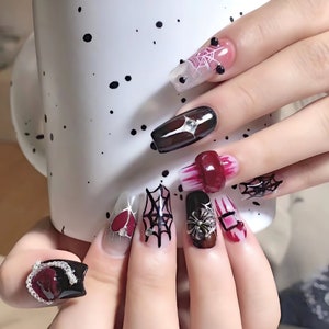 Handmade Black Spider Web Chain Red Heart Halloween Press on Nails ...