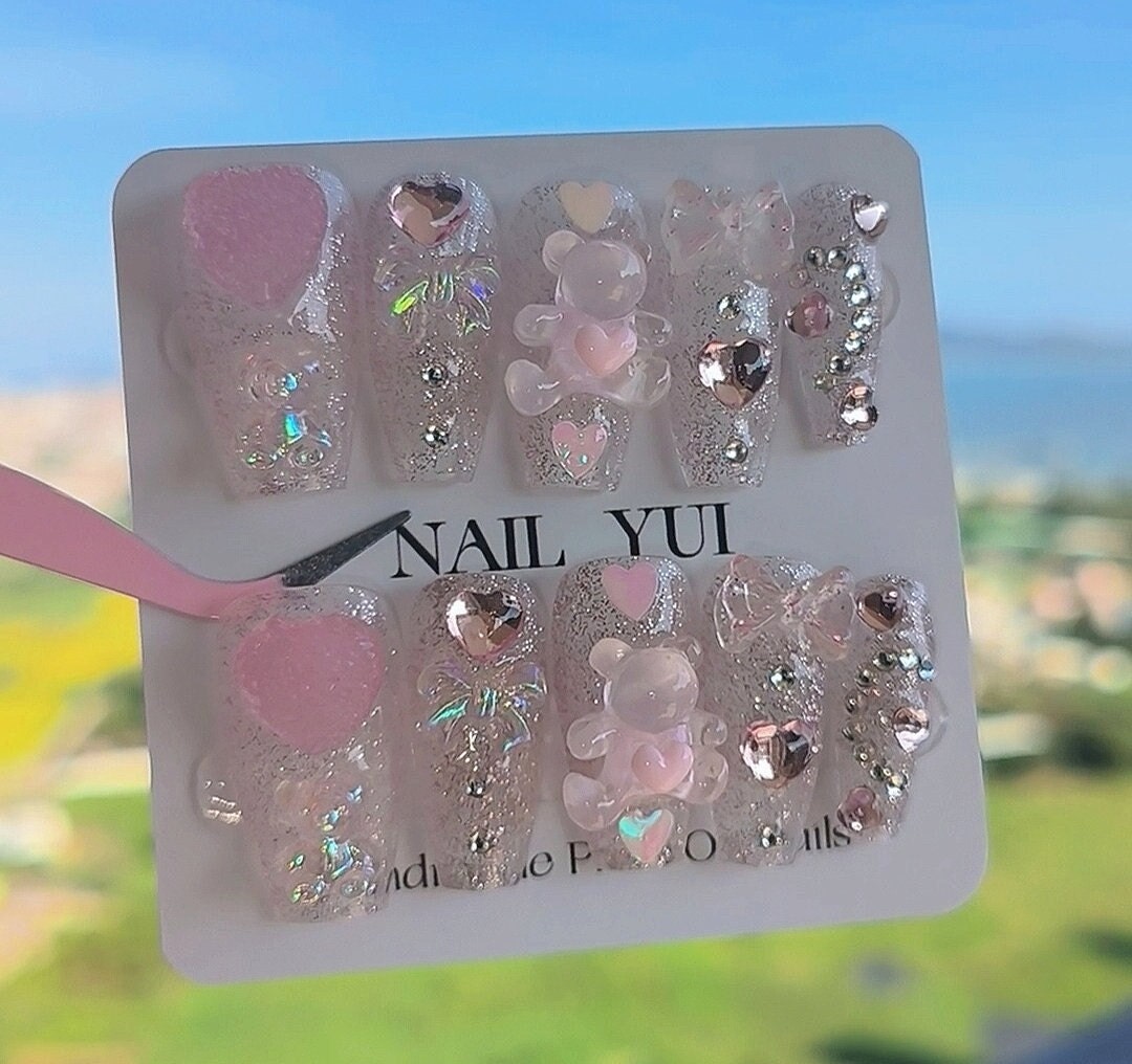 Handmade Hugging Bear Fudge Candy Heart Bow Cute Glitter Press on Nails ...