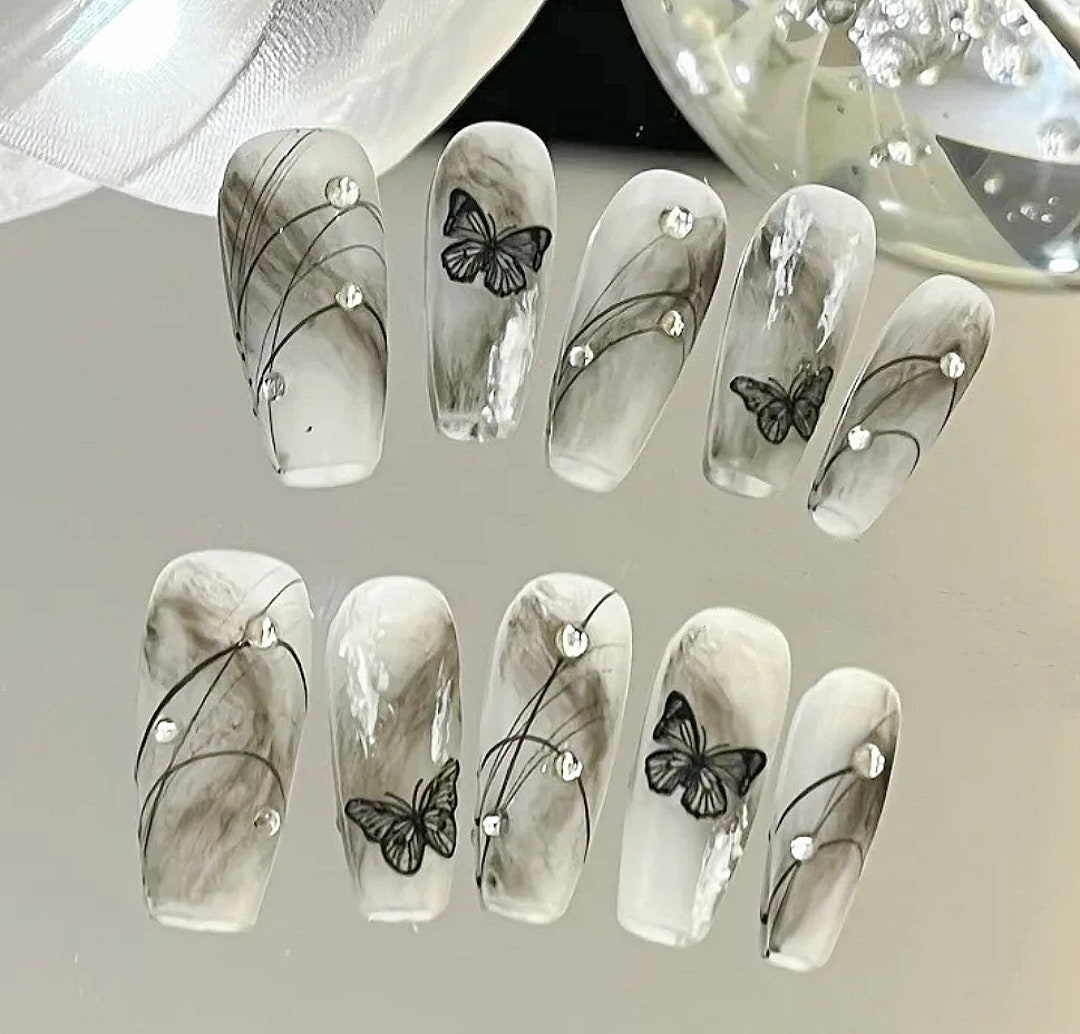 Handmade Black Butterfly Ink Marble Ombre Press on Nails Y2K Nails ...