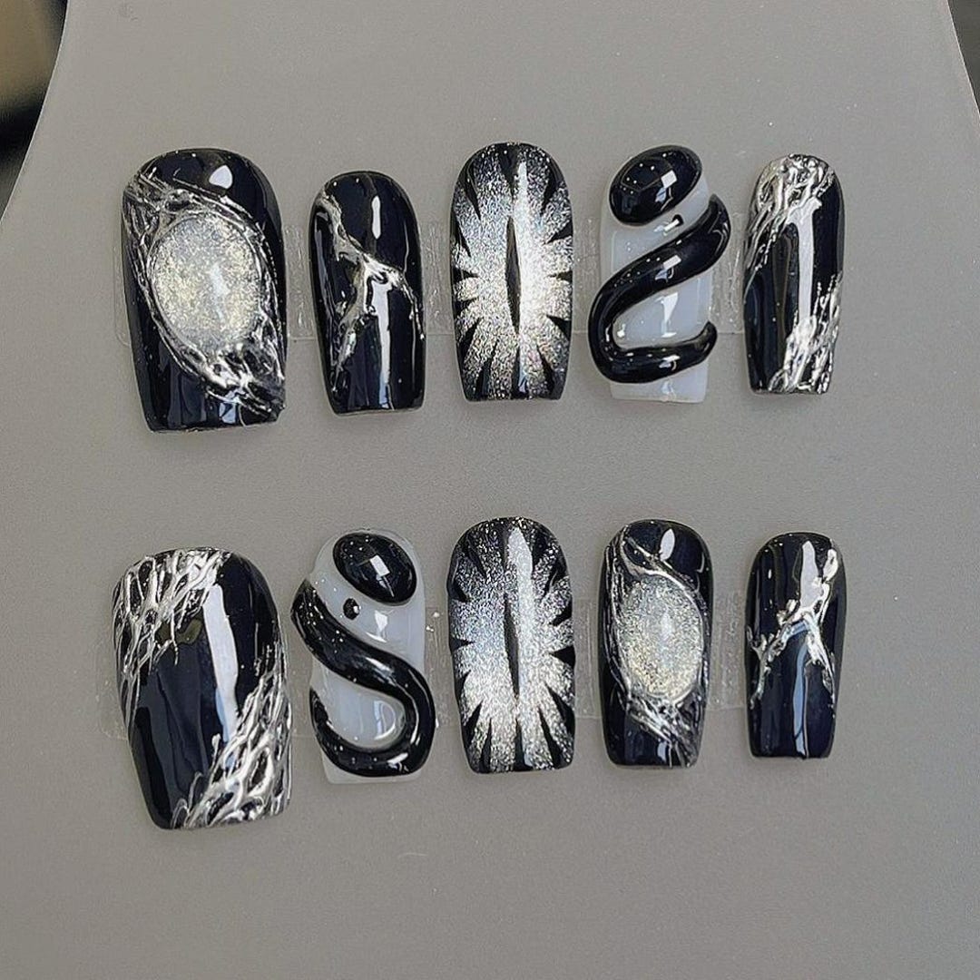 Handmade Melted Silver Demon Eye Black 3D Snake Press on Nails Snake ...