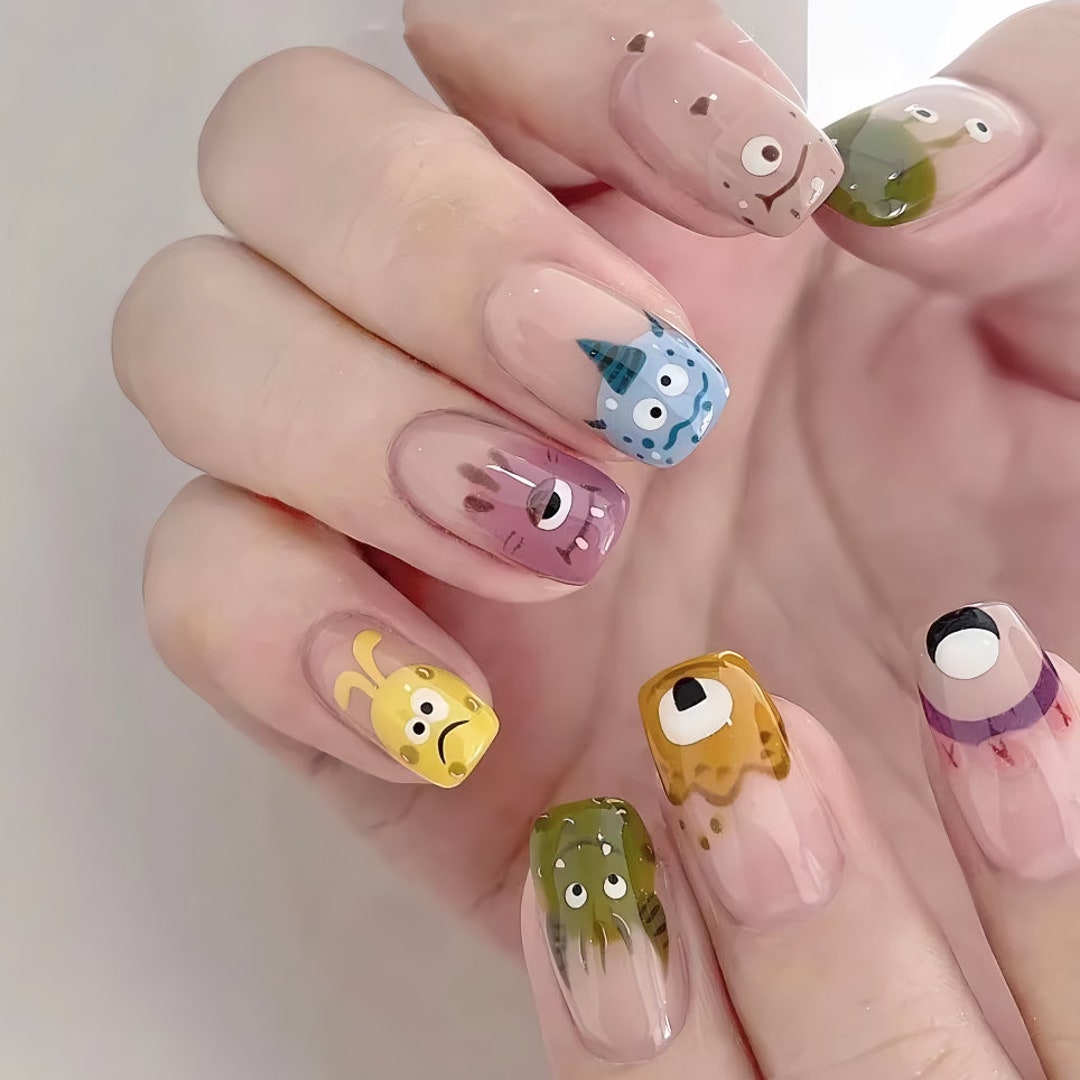 Handmade Painting Colorful Monsters Cute Halloween Press on Nails Ghost ...