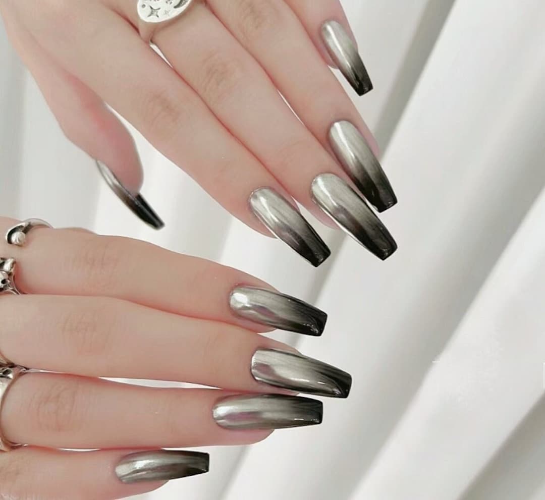 Handmade Mirror Sliver Black Ombre Gradient Press on Nails Mirror Nails ...