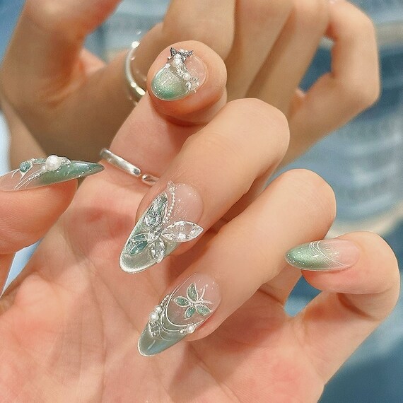 Handmade Mambo Mint Green Glitter Cat Eye Ombre Clear Green 3D Butterfly Press on Nails Elegant Luxury Forest Bride Wedding Spring Summer Etsy