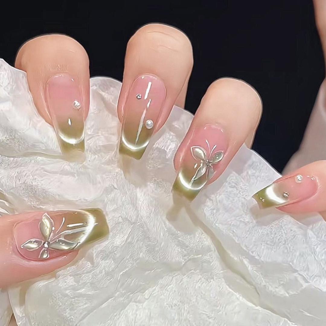 Handmade Clear Green 3D Butterfly Green Cat Eye Press on Nails Elegant ...