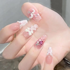 Handmade Baroque Cupid Arrow Lace Stripe Bow Nude Pink Press on Nails ...